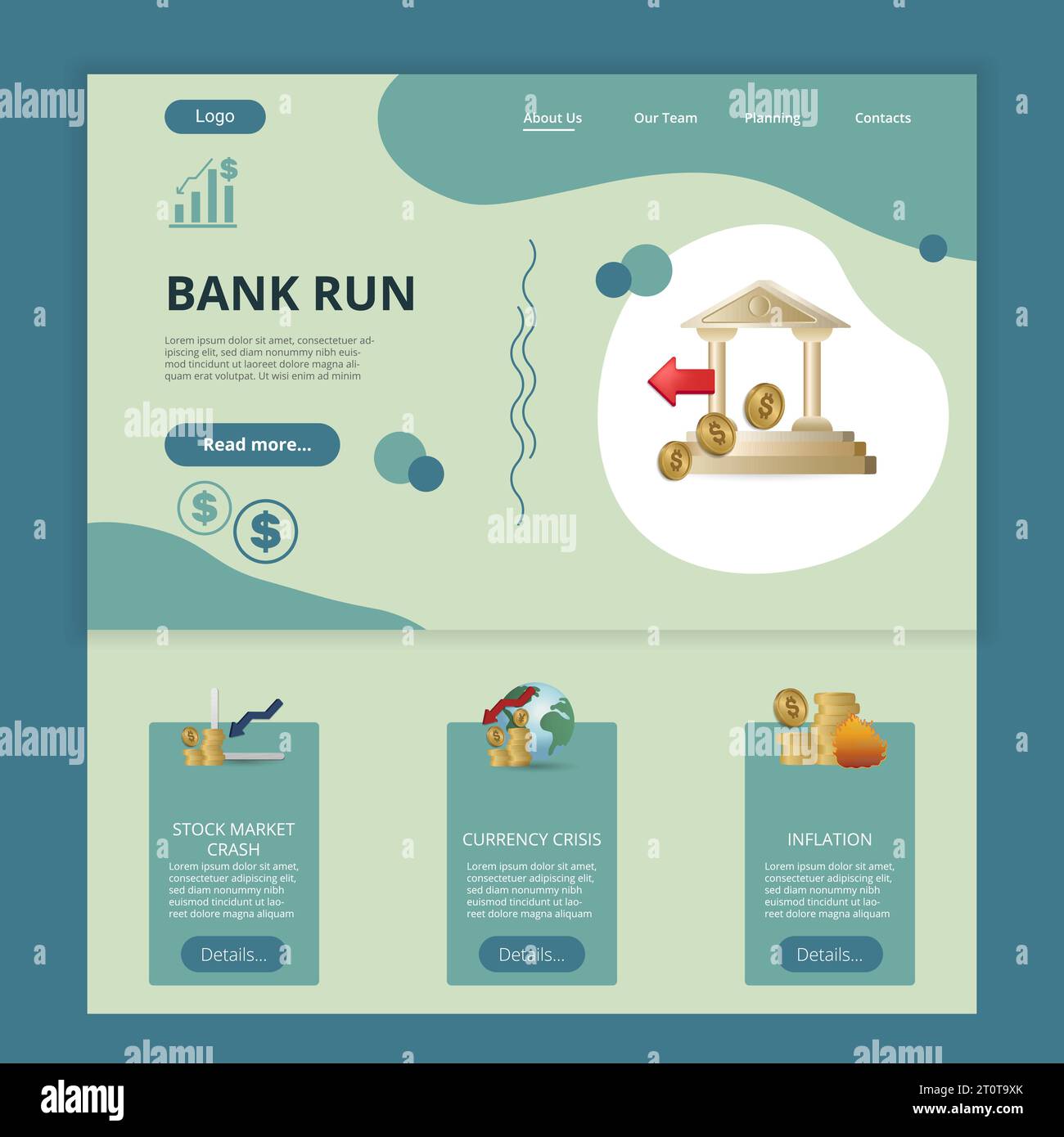 Bank run flat landing page website template. Stock market crash ...
