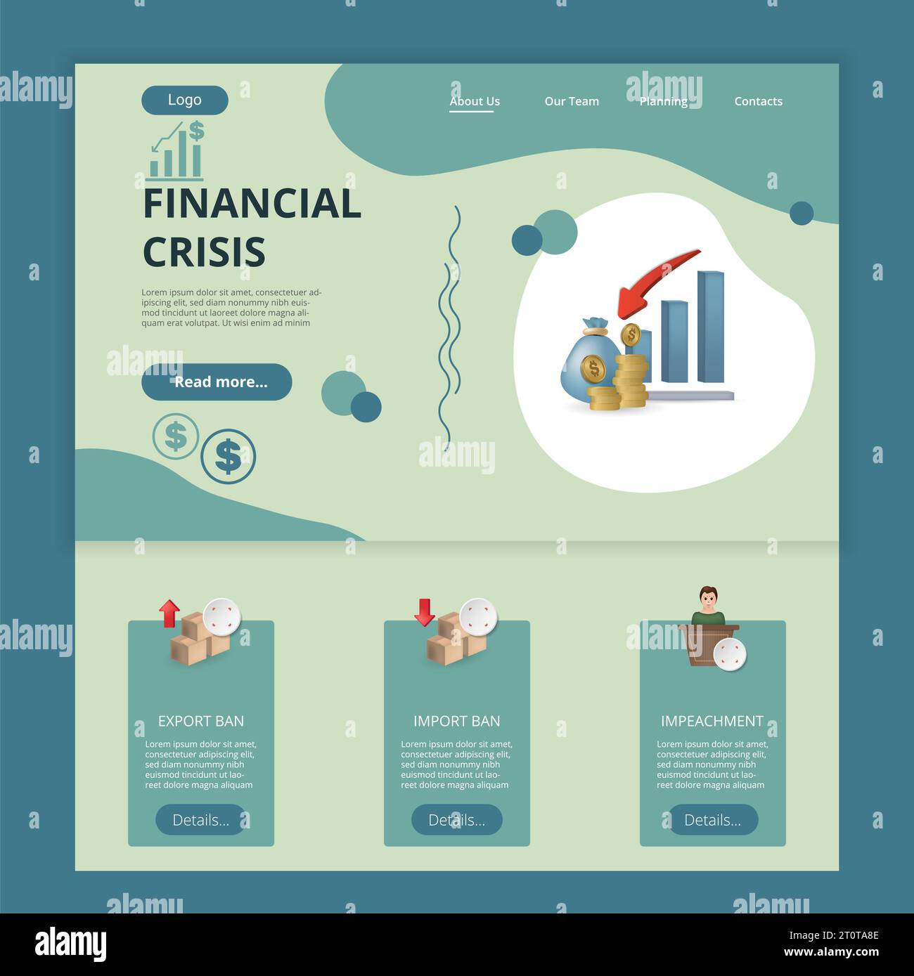 Financial crisis flat landing page website template. Export ban, import ban, impeachment. Web ...