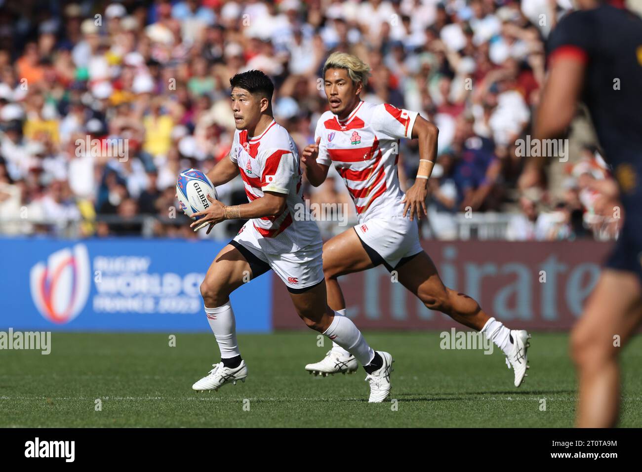Japan's Rikiya Matsuda (L) and Ryohei Yamanaka during the 2023 Rugby World Cup Pool D match ...