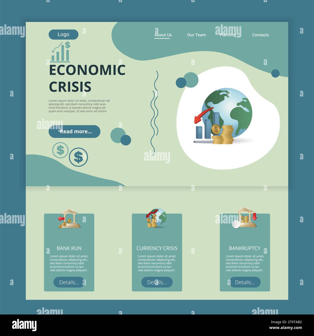 Economic crisis flat landing page website template. Bank run, currency ...