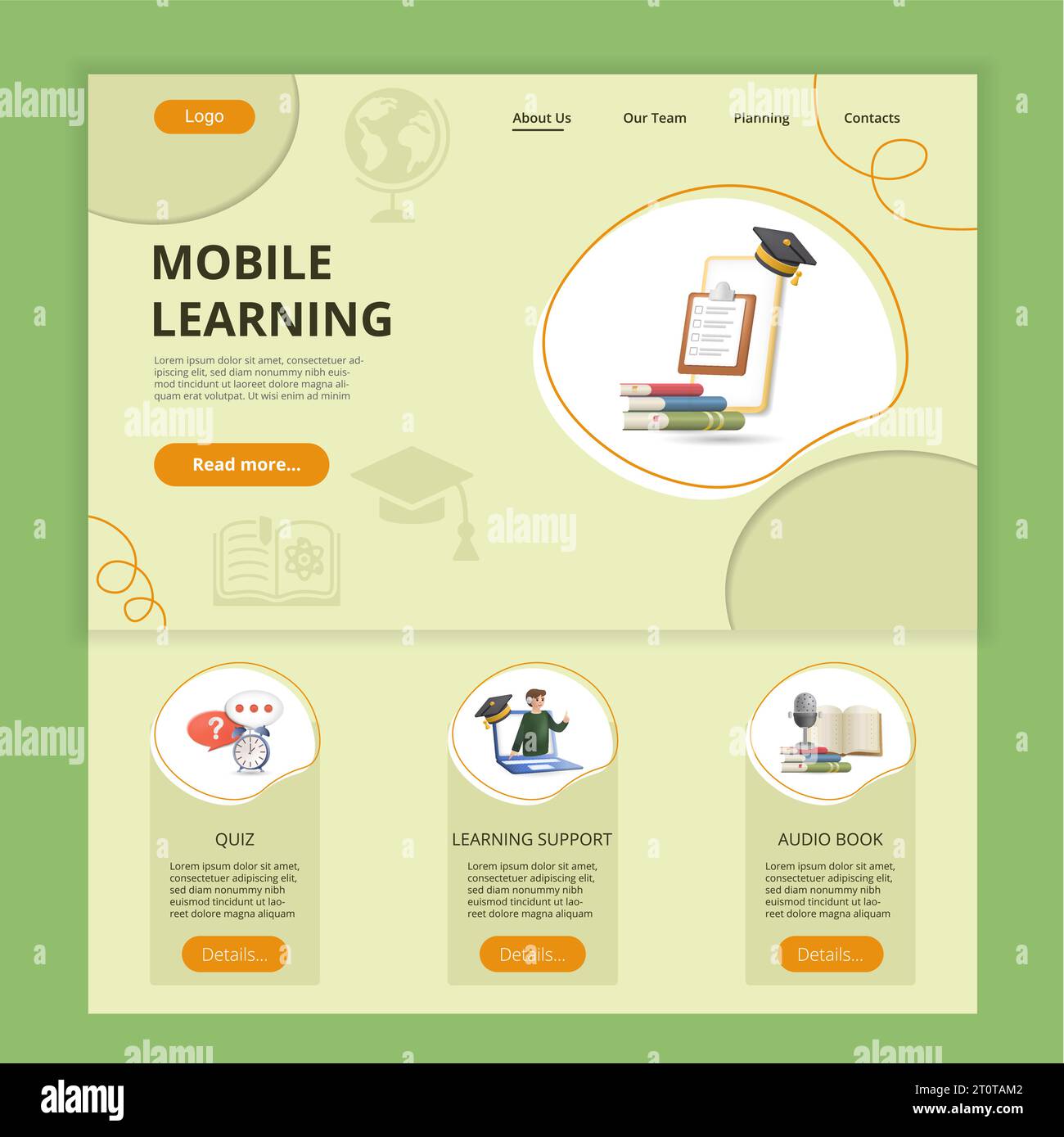 Mobile learning flat landing page website template. Quiz, learning ...