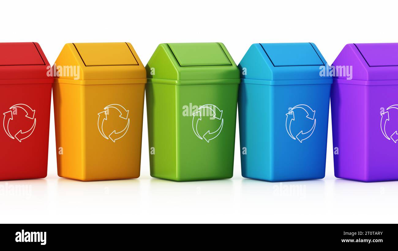 Plastic dustbins with recycle symbol isolated on white background. 3D ...