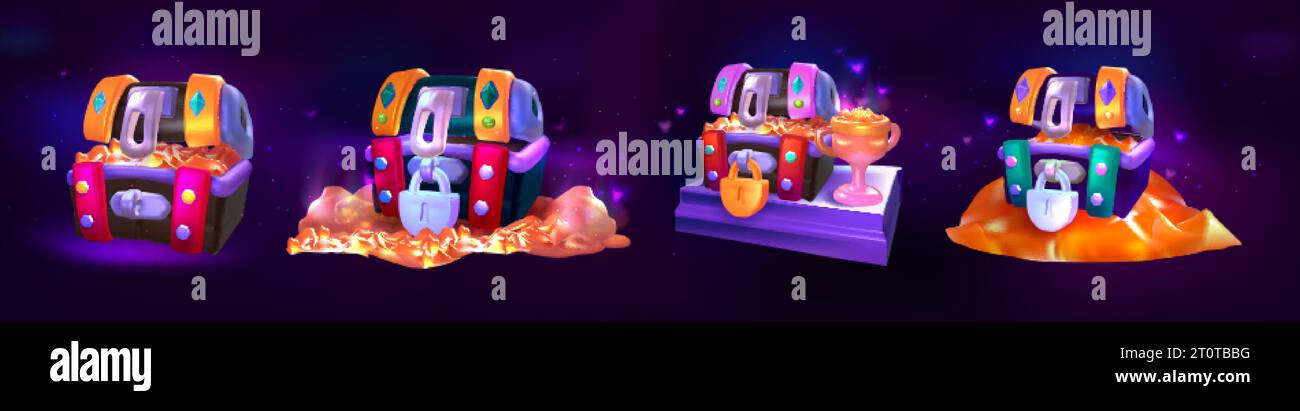 Vector cartoon game ancient treasure chests with golden coins and gems ...