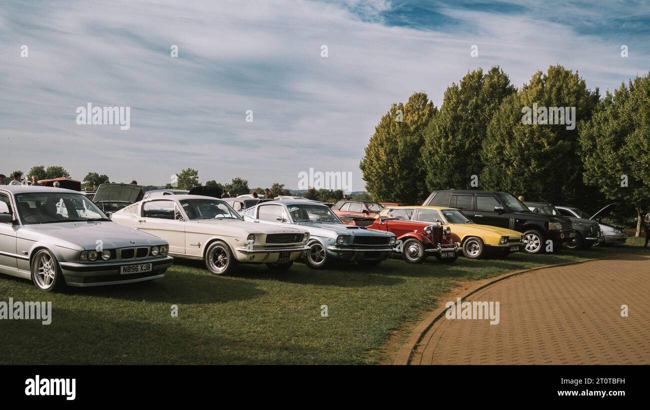 Various classic cars including a BMW 5, two Ford Mustangs, an MG TD, a ...