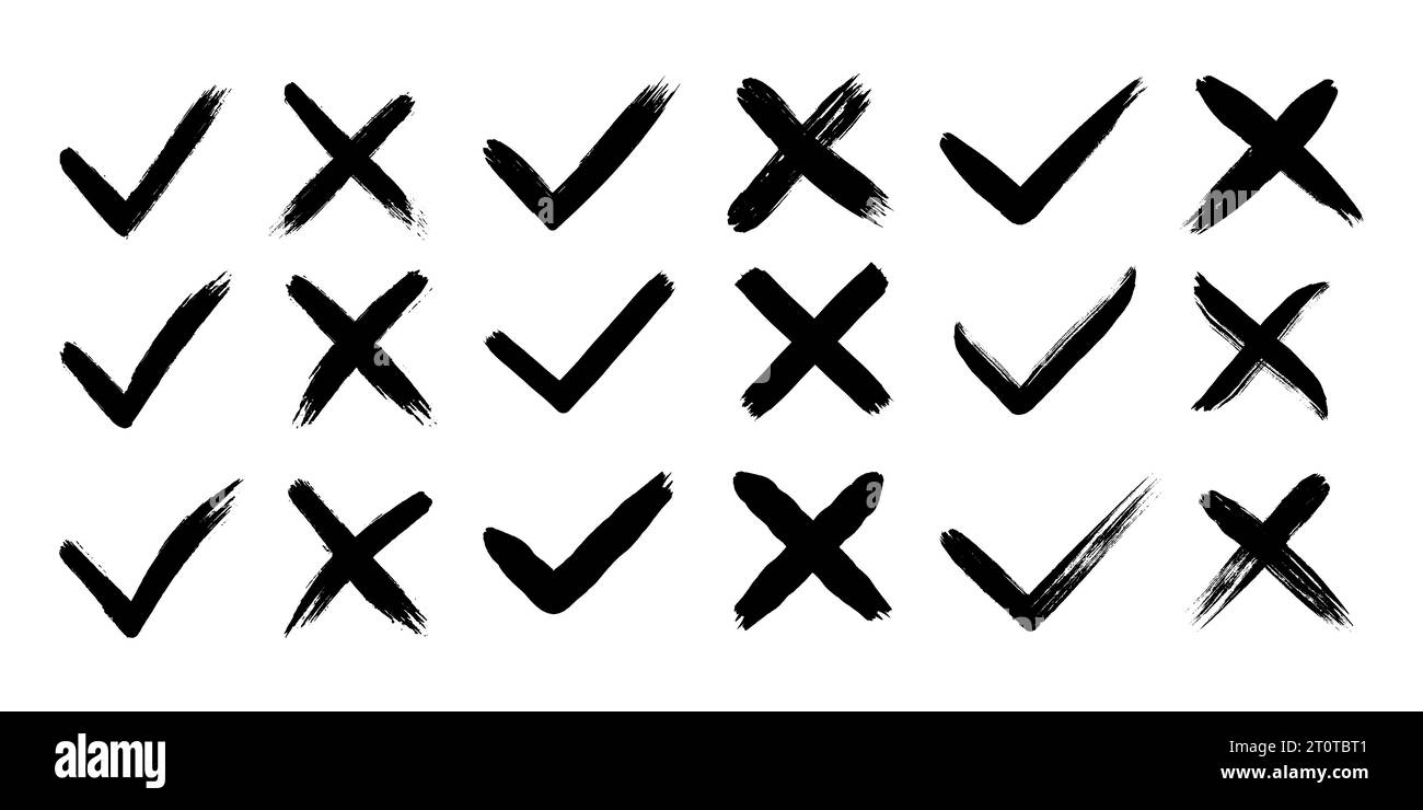 Dirty grunge hand drawn with brush strokes cross X and tick OK check ...