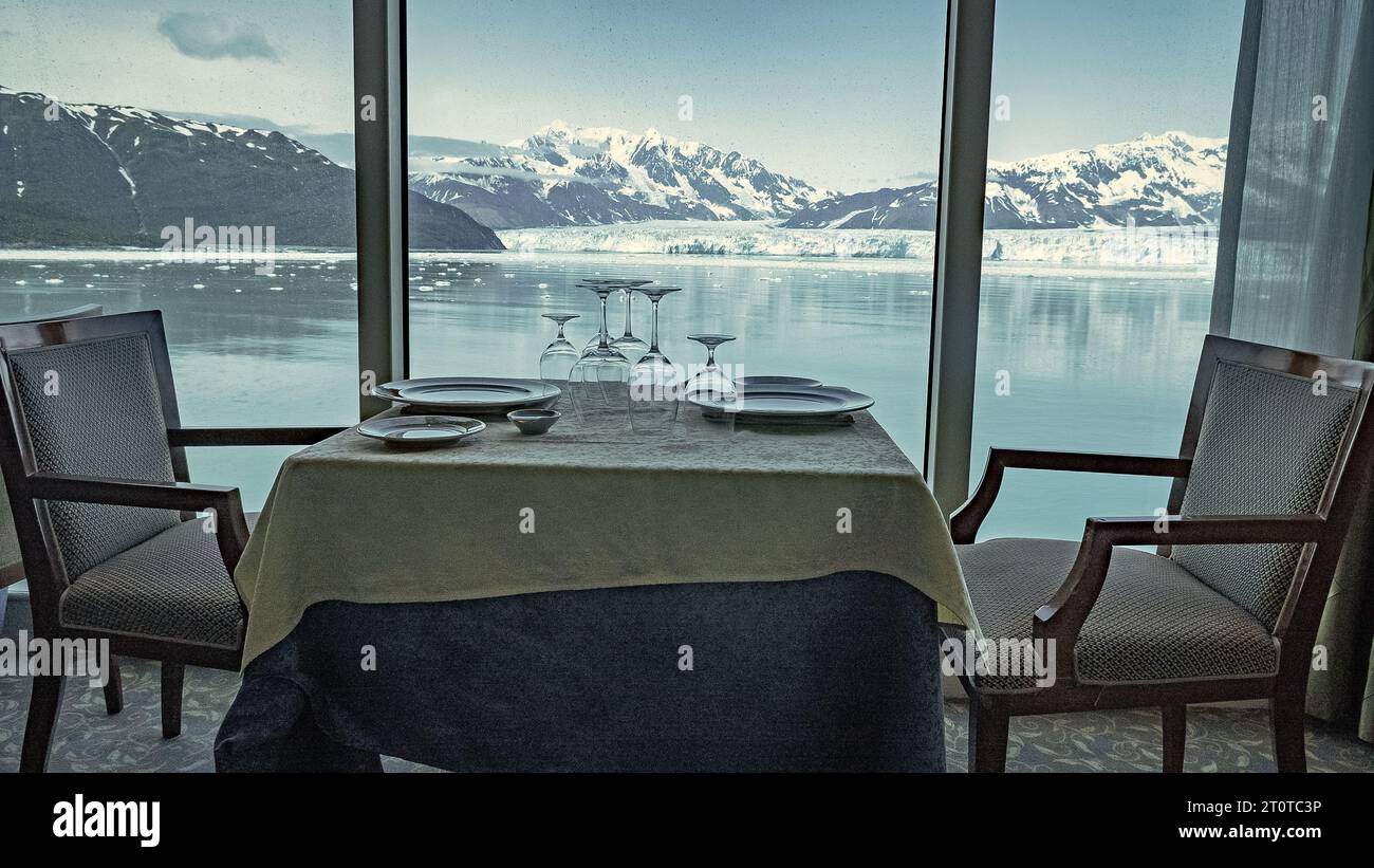 Travel destination concept. Empty restaurant cafe seating interior with ...