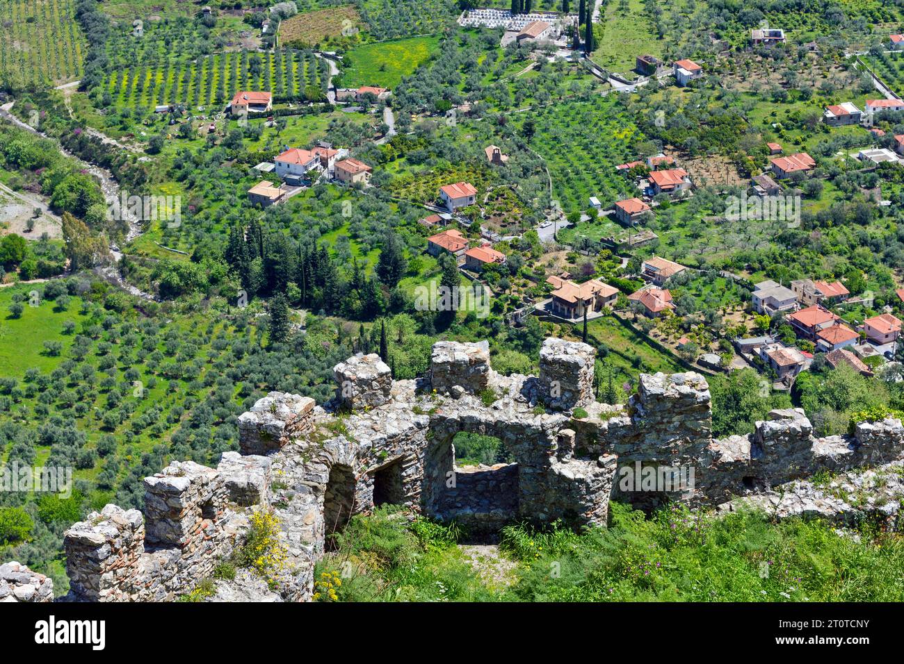 Partial view of Mystras walls and the green, fertile fields of Sparti ...
