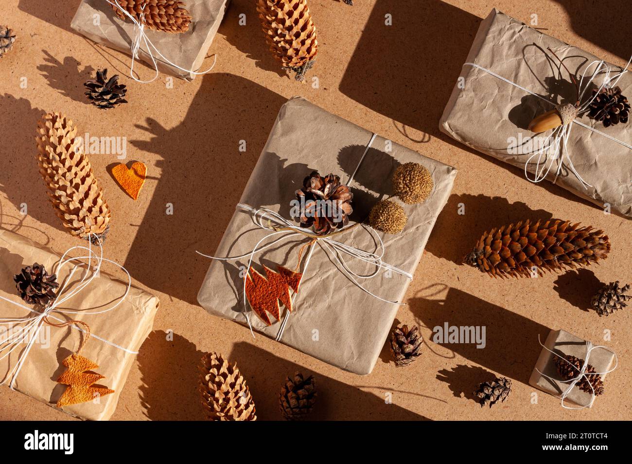 Zero waste Christmas knolling flat lay with hard shadows. Hand crafted ...