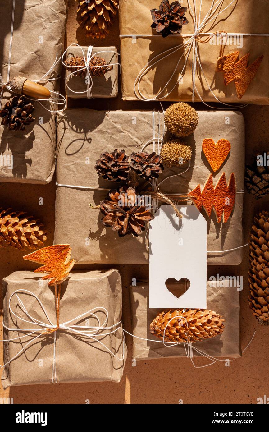 Zero waste Christmas knolling flat lay with hard shadows. Hand crafted ...