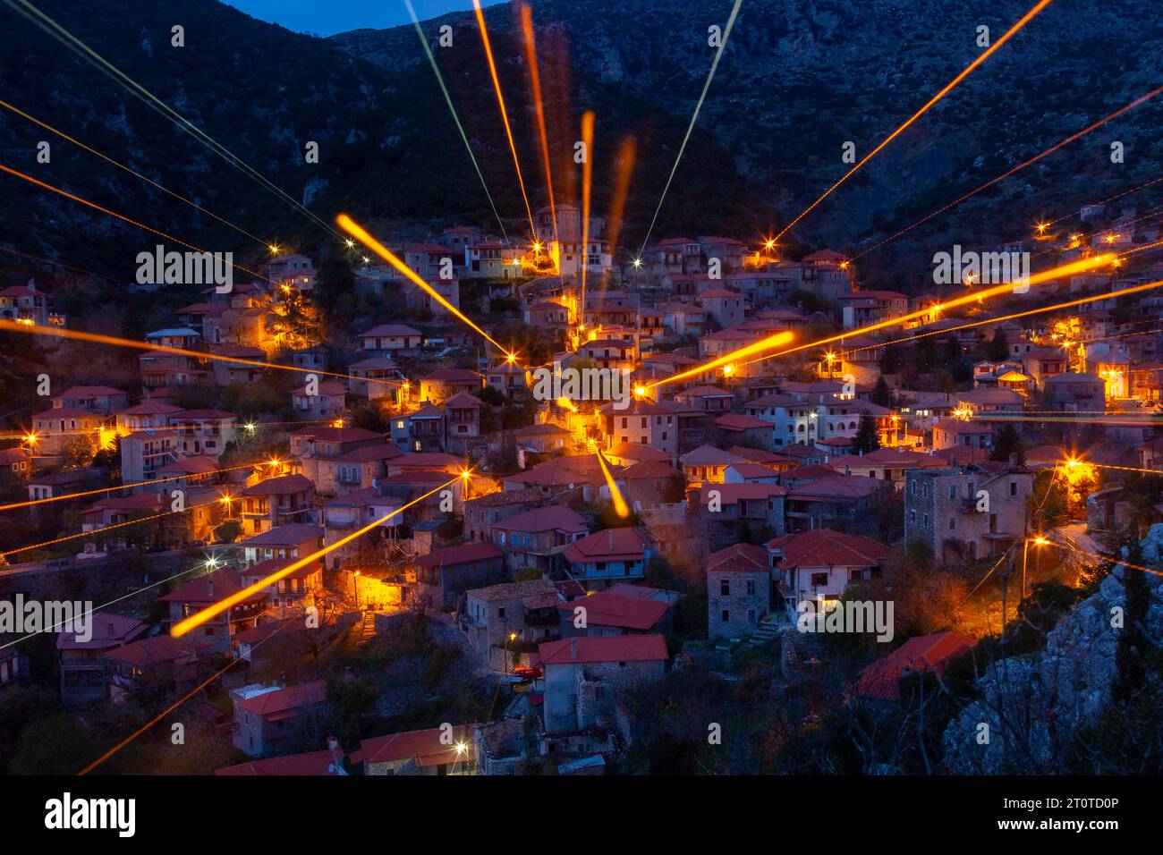 Evening view of Stemnitsa with creative light effect like fireworks ...