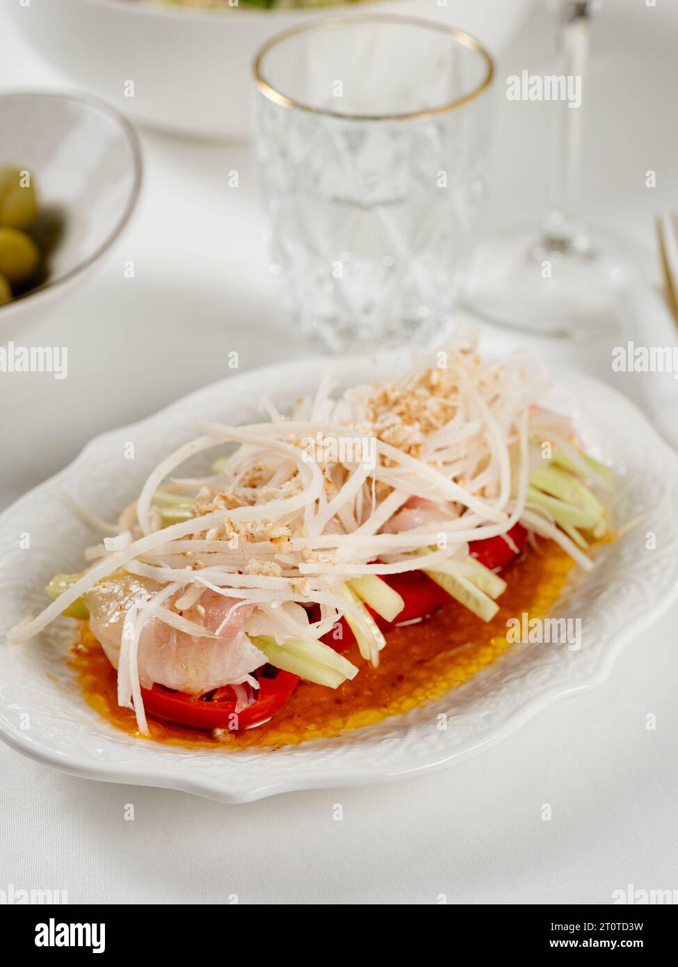 Sophisticated Fish ceviche in modern restaurant interior. Ceviche or ...