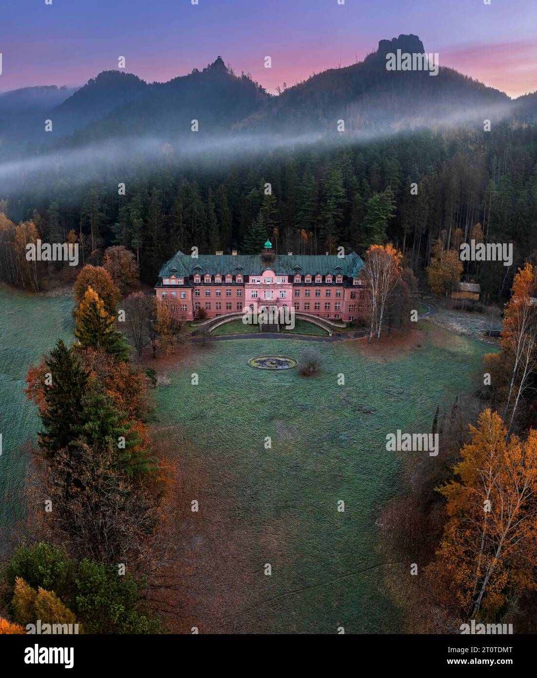 Jetrichovice, Czech Republic - Aerial view of beautiful pink mansion ...