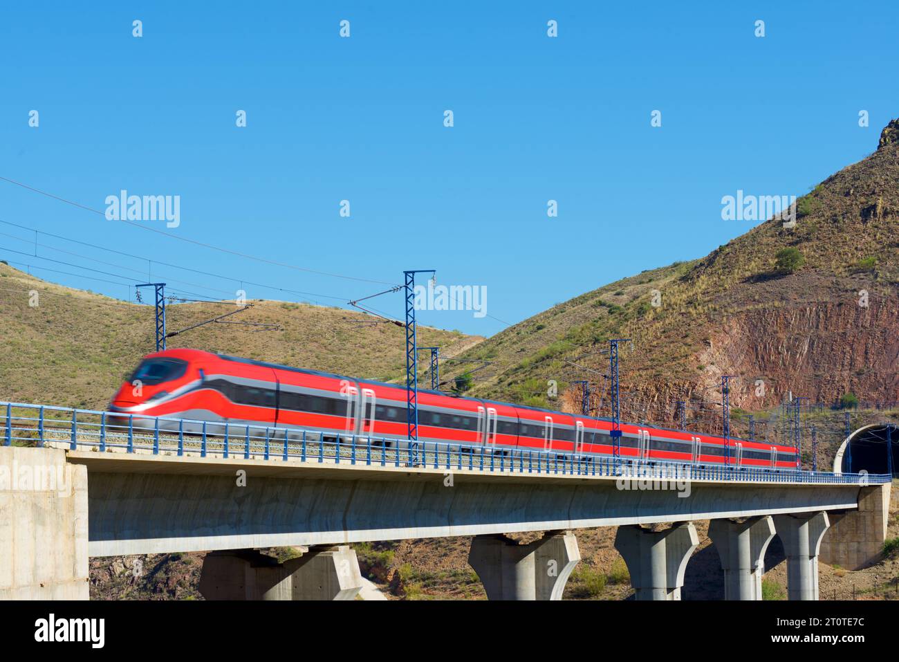 High-speed train crossing a viaduct in Purroy, Zaragoza Province ...