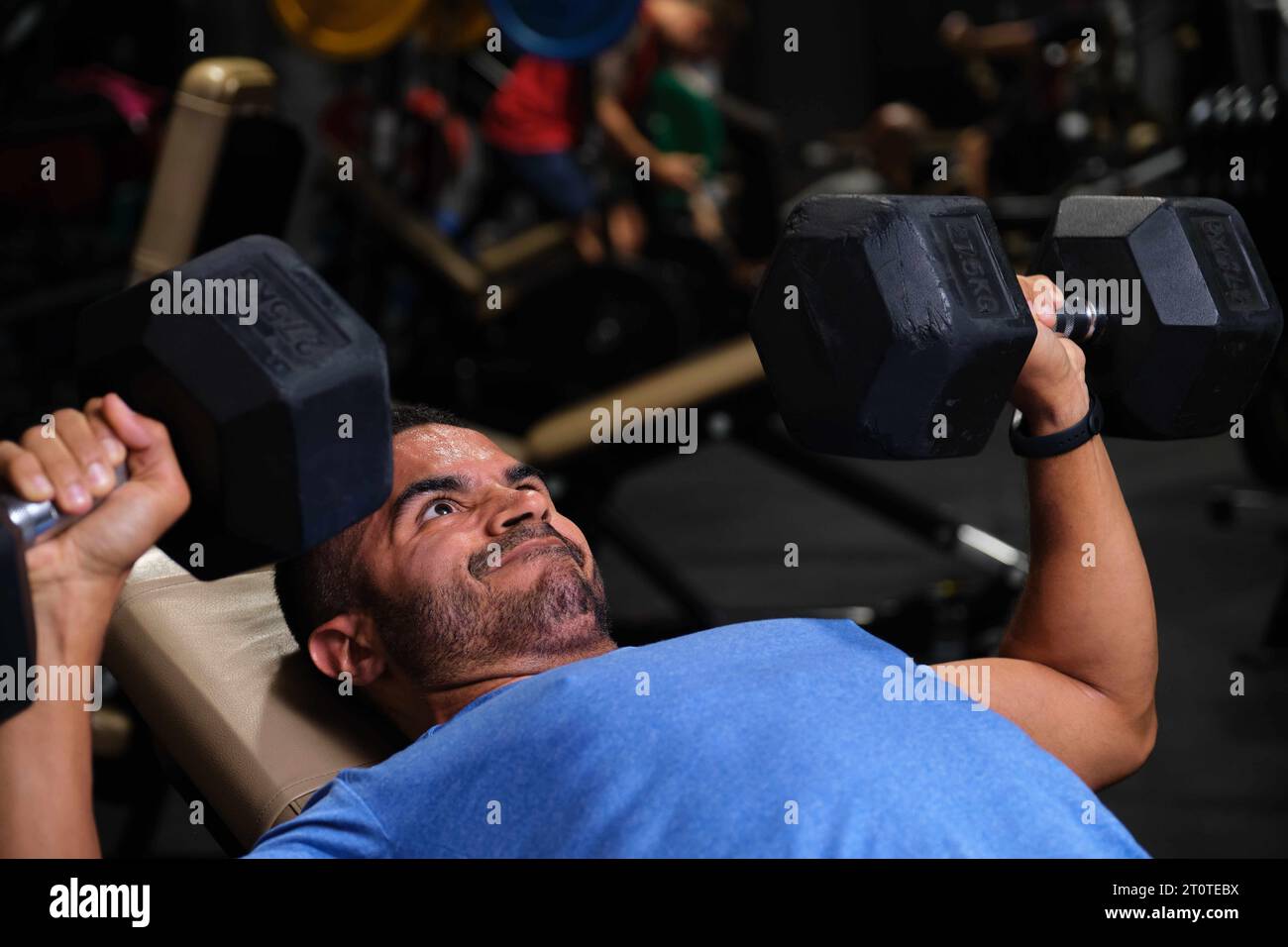 Strong Hispanic man doing dumbbell bench press at a gym Stock Photo - Alamy