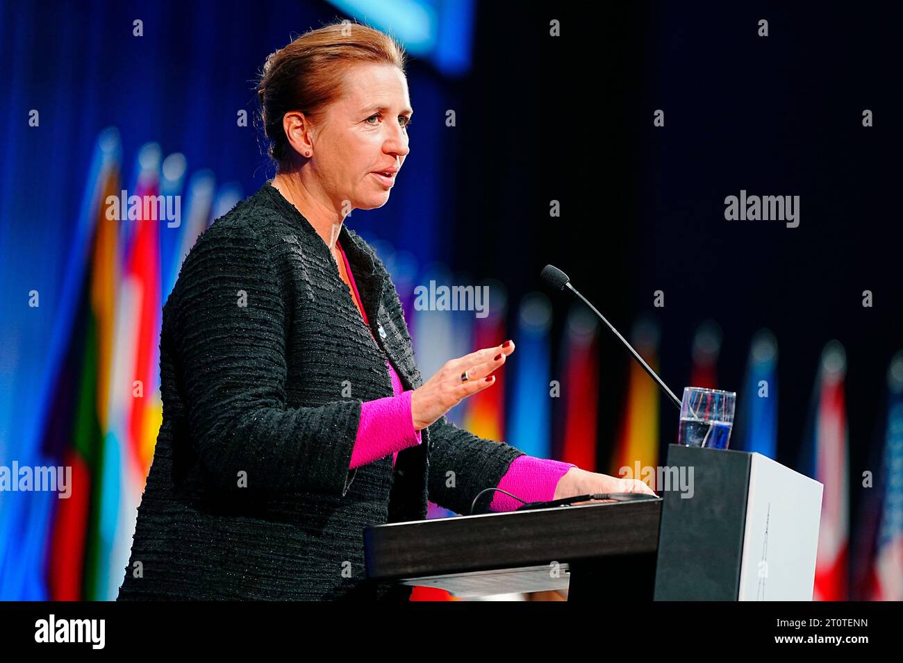 Denmark's Prime Minister Mette Frederiksen speaks, during the NATO ...
