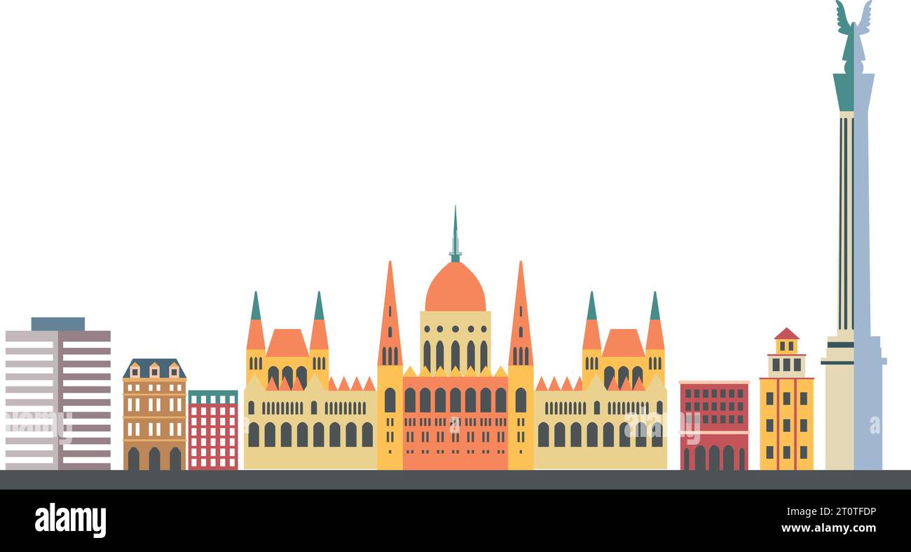 Simple colorful flat drawing of the Hungarian landmark city skyline ...