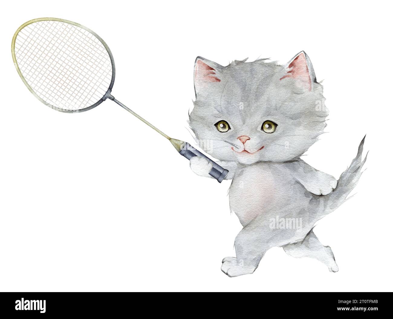 Little fluffy grey kitten badminton player holding racket watercolor ...