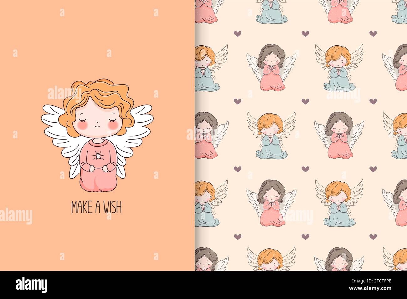 Cute baby angel. Card and seamless pattern set Stock Vector Image & Art ...