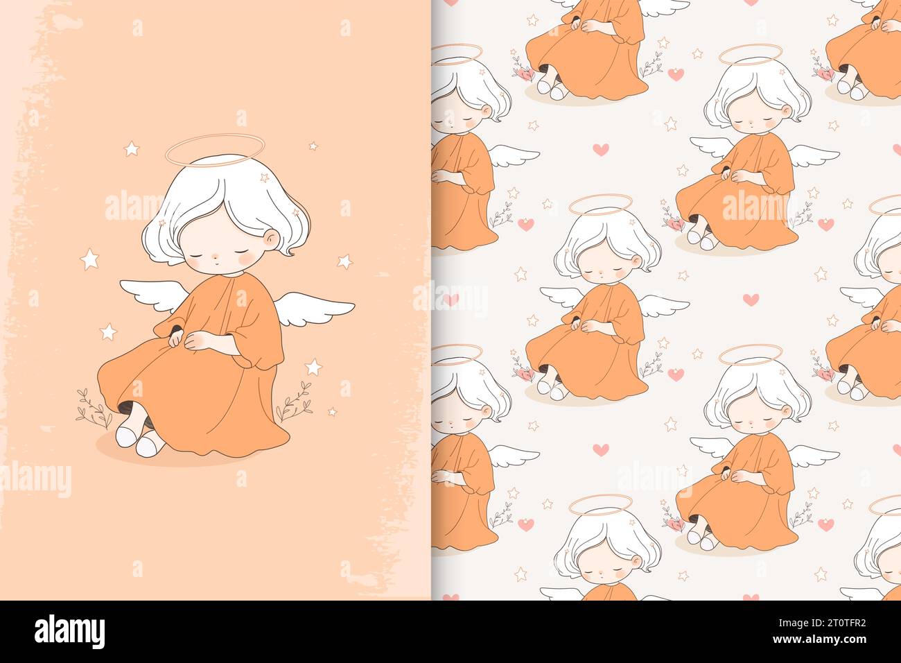 Cute baby angel. Cartoon card and seamless pattern set. Vector ...