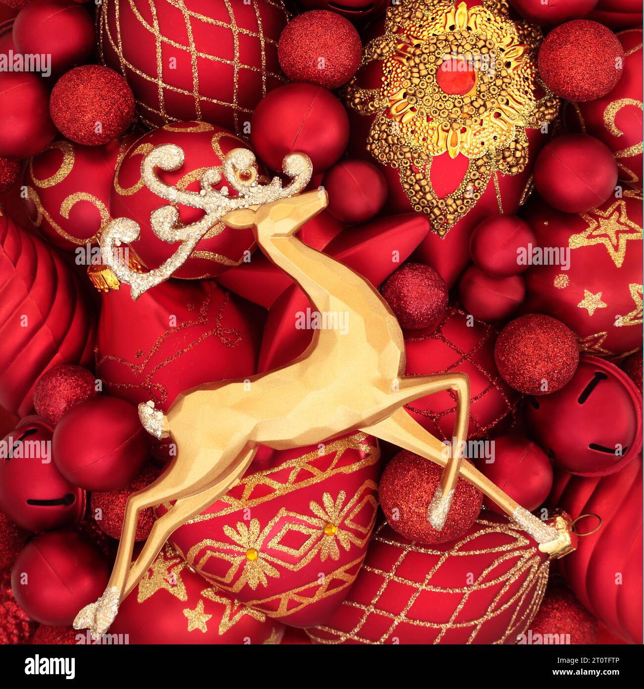 Christmas reindeer red gold bauble tree decorations background, Festive ...