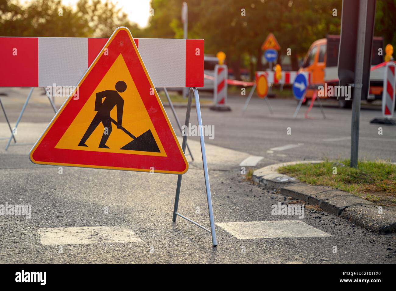 Road work traffic sign, highway maintenance construction site ...
