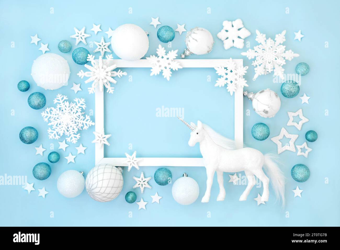 Magical Christmas unicorn north pole background border with decorations ...