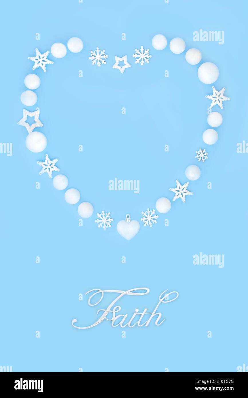 Christmas faith sign and heart shape wreath of white snowflakes, stars ...