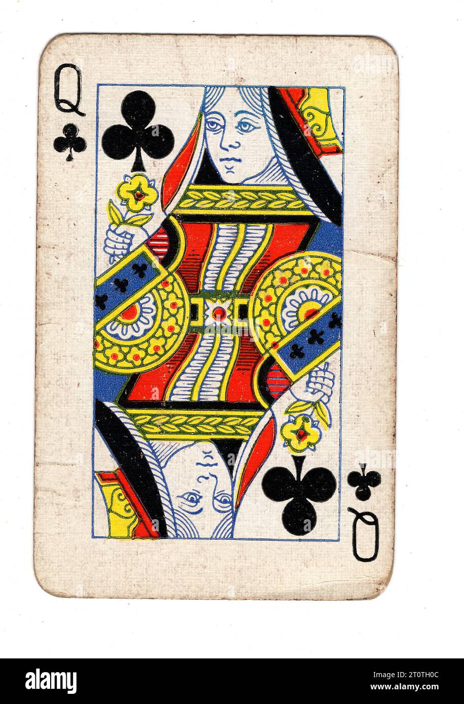A vintage queen of clubs playing card isolated on a white background ...