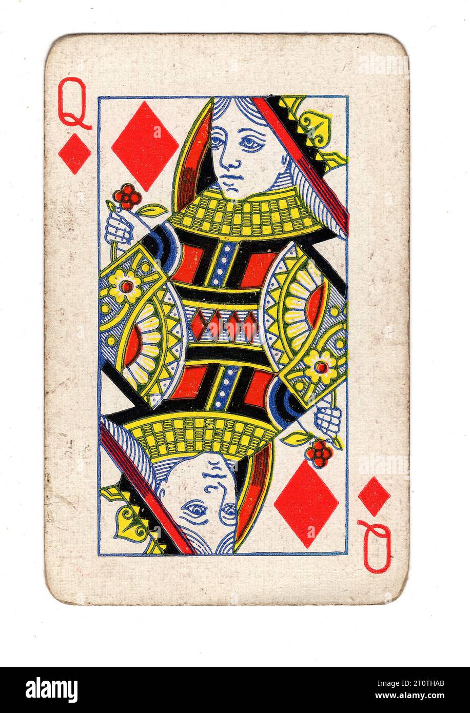A vintage queen of diamonds playing card isolated on a white background ...
