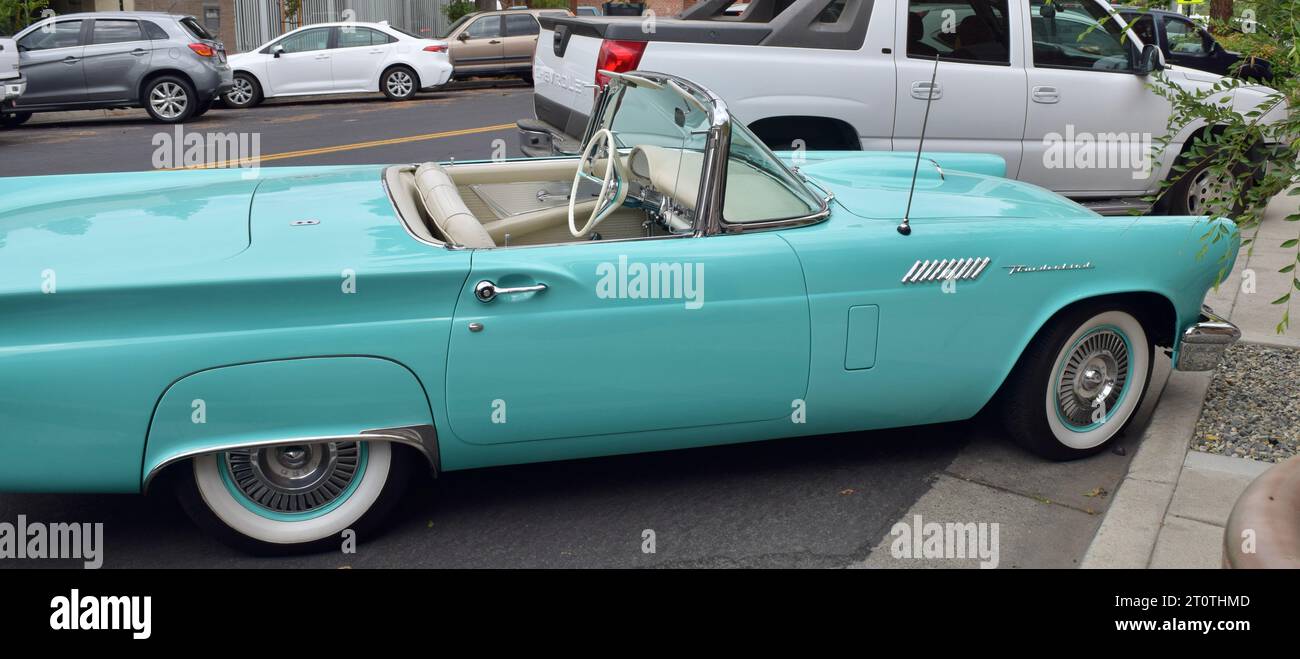 A side view of a Classic Thunderbird baby blue color convertible with ...