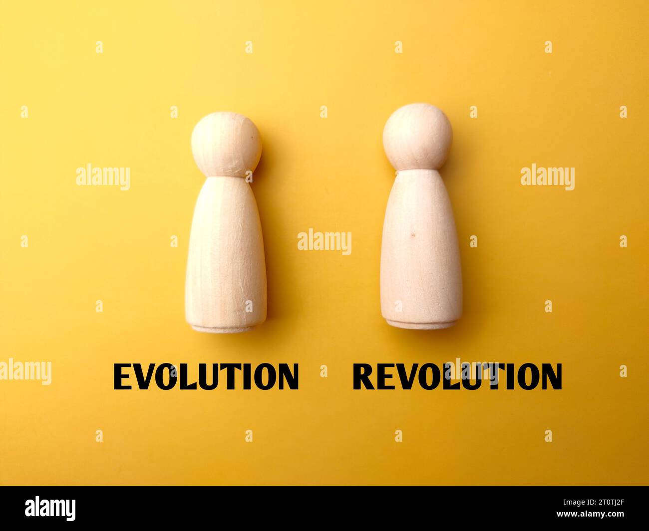 Wooden figures with the word EVOLUTION REVOLUTION on a yellow ...