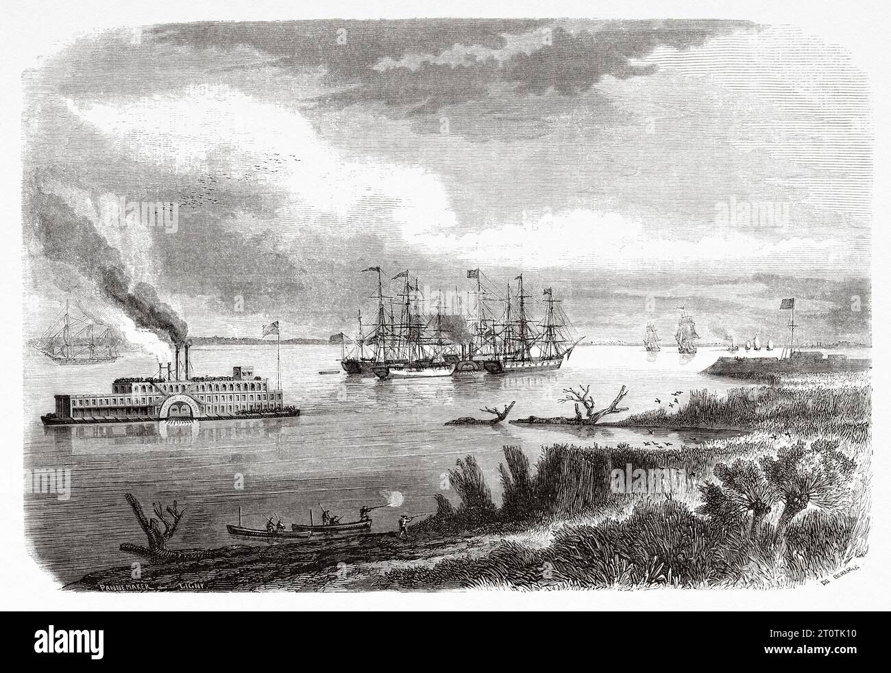Old view of steamship and tug sailing down the Mississipi, USA ...