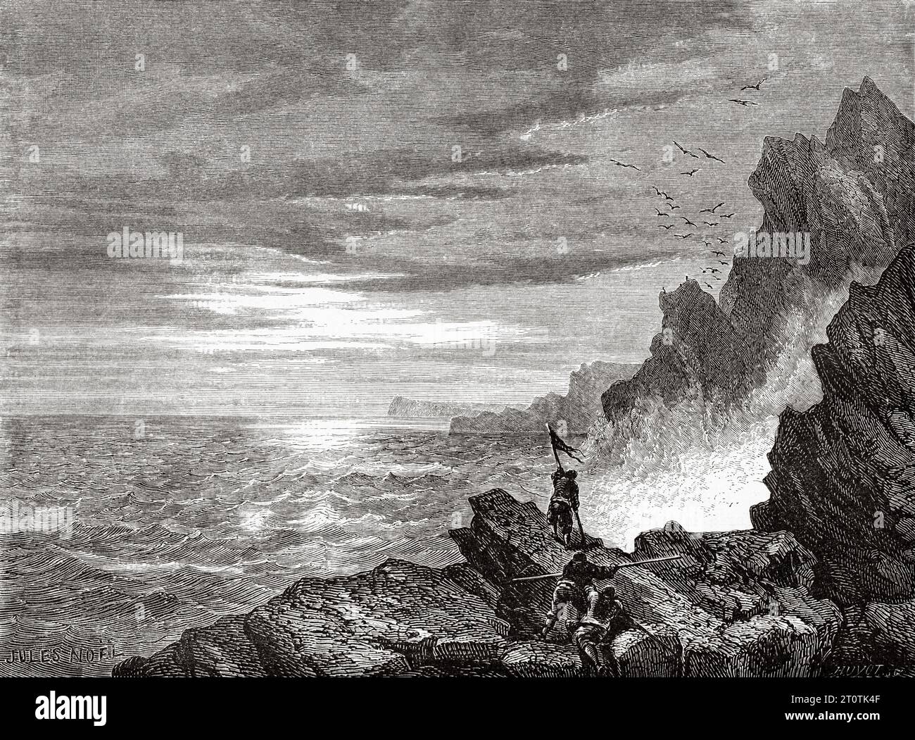 Morton flying the American flag on the shores of the polar sea. Arctic ...