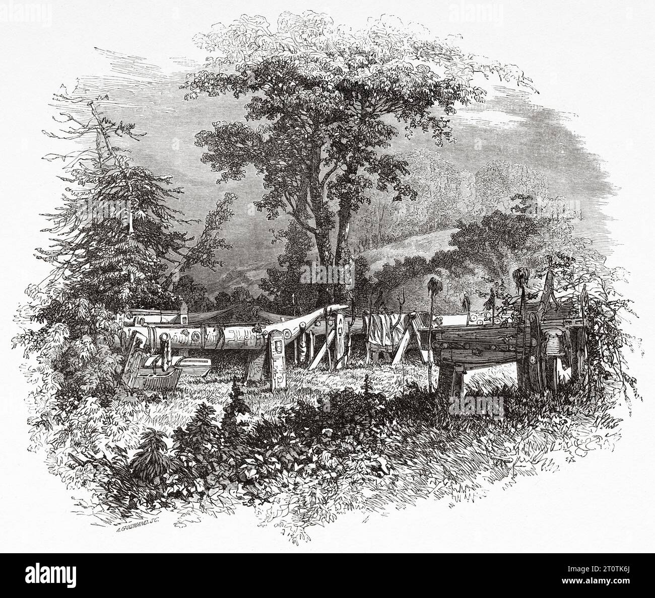 Indian grave on the bank of Cowlitz river, Washington, USA. Exploration ...