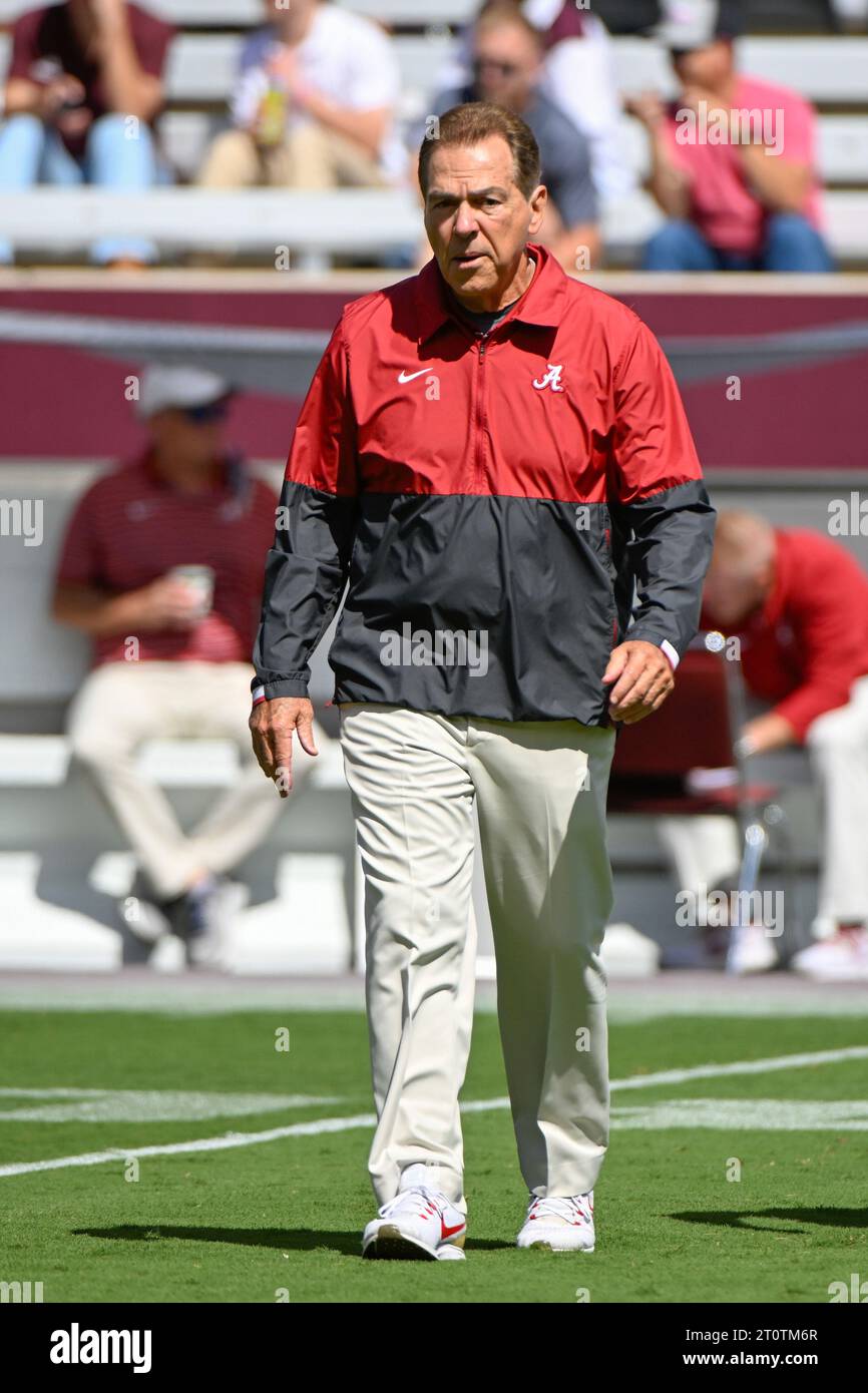 COLLEGE STATION, TX - OCTOBER 07: Alabama Crimson Tide head coach Nick Saban watches his team ...