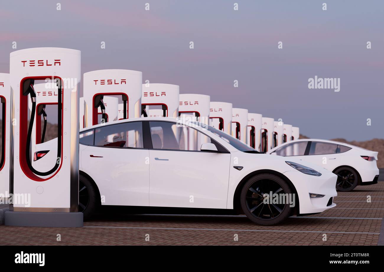 Charging a Tesla Model Y at a Tesla Supercharger fast charging station ...