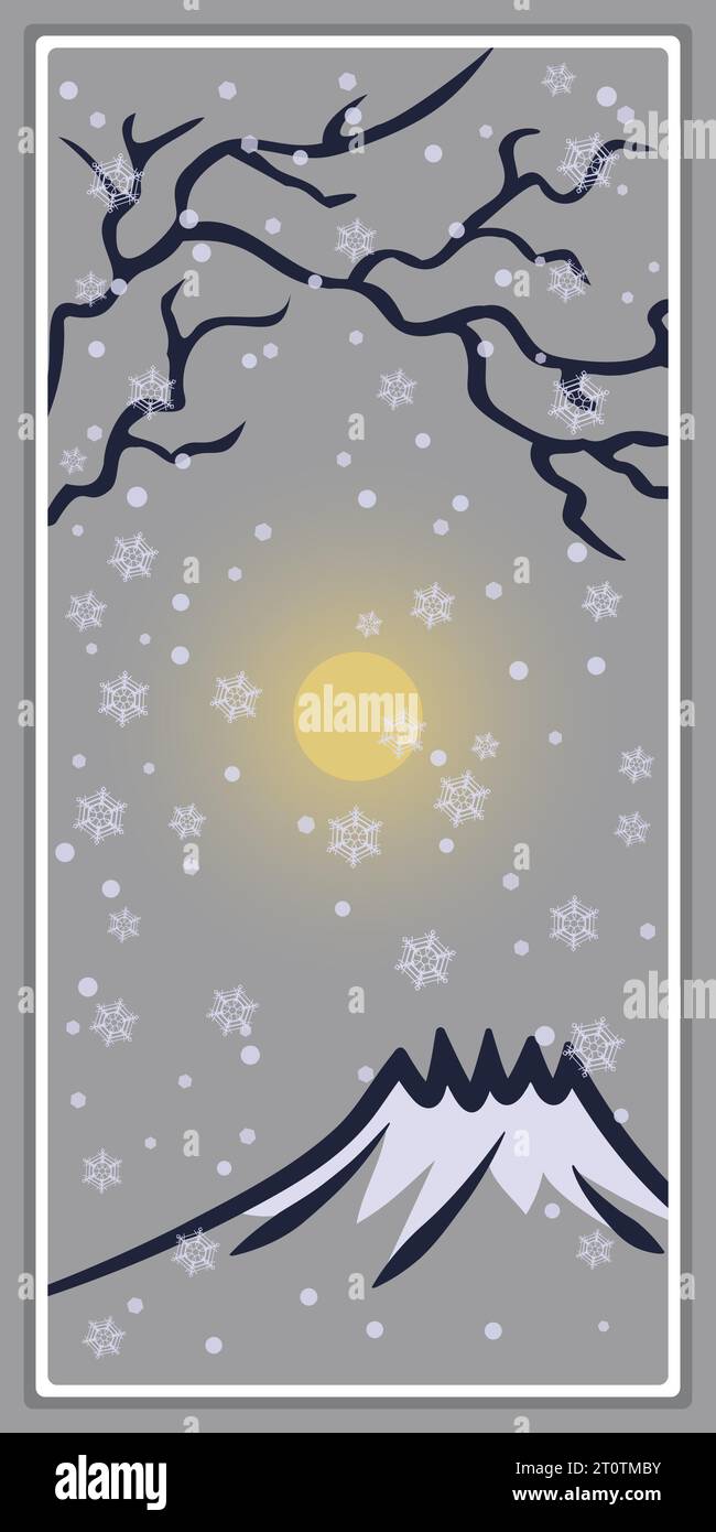 Frame with minimalistic winter landscape in Japanese style - tree ...