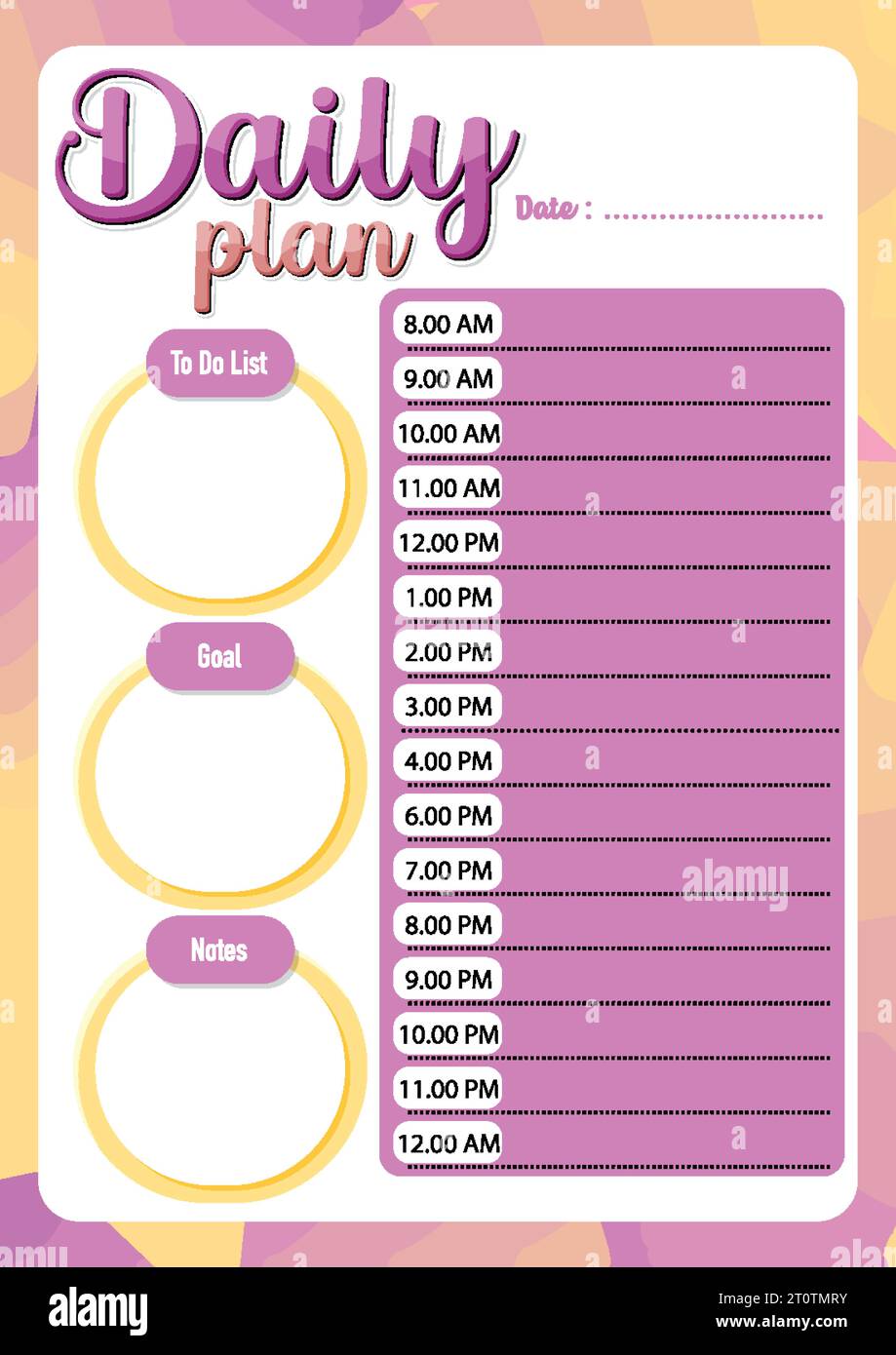 Cartoon-style vector illustration of a pink daily plan with hourly ...
