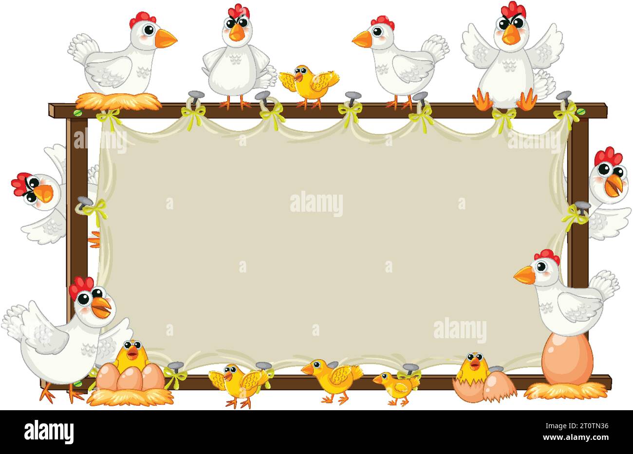 Vector cartoon illustration of hen, eggs, and chick on a blank Canva ...