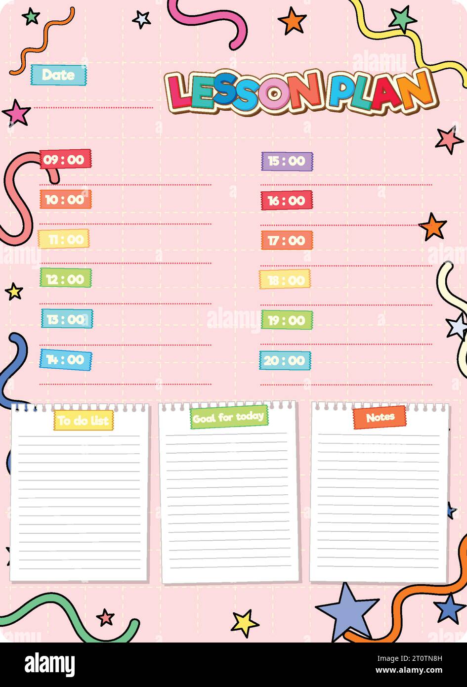 A vector cartoon illustration of a pink lined notepad with a daily plan ...