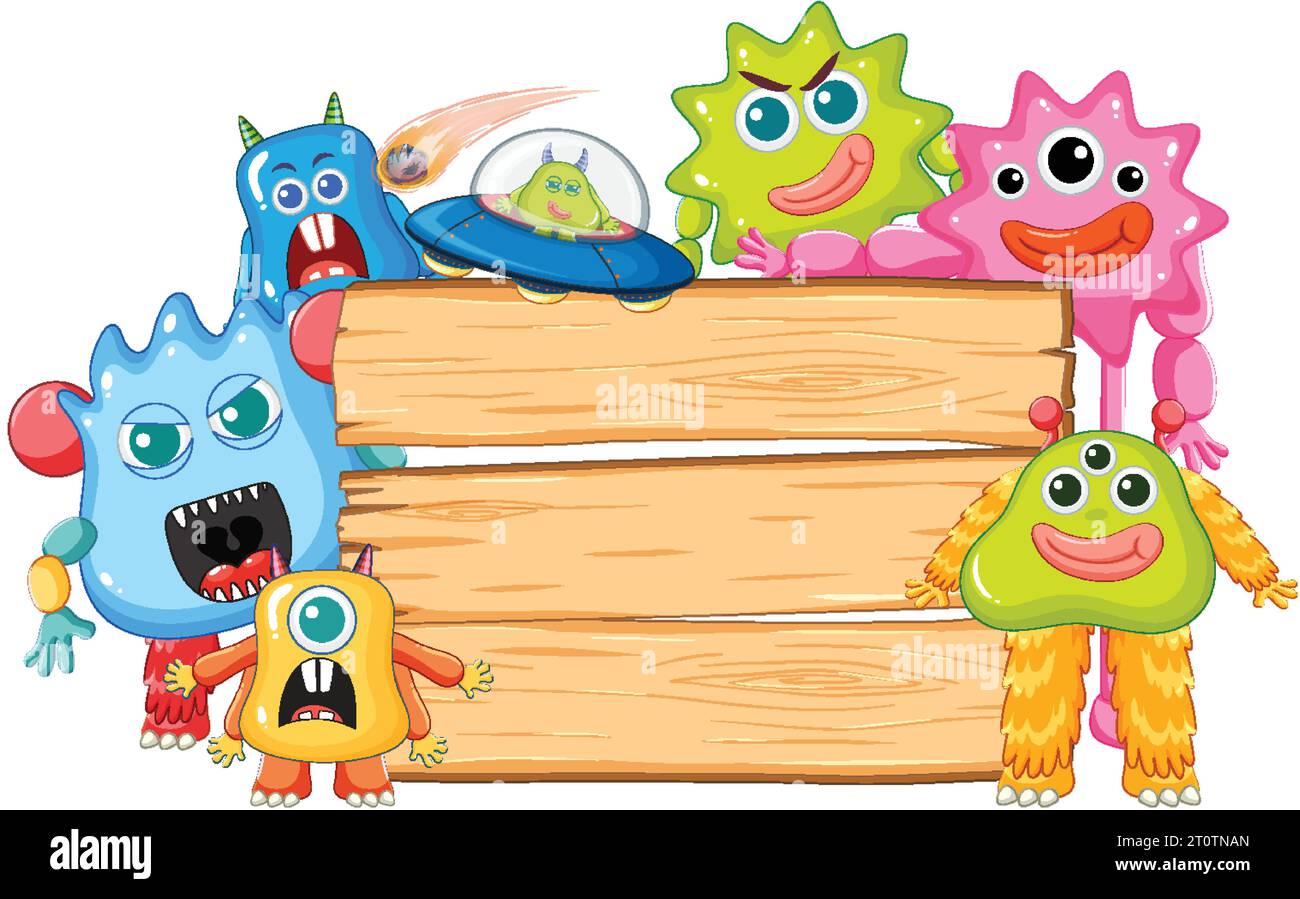 Colorful cartoon aliens posing beside a wooden frame template Stock ...