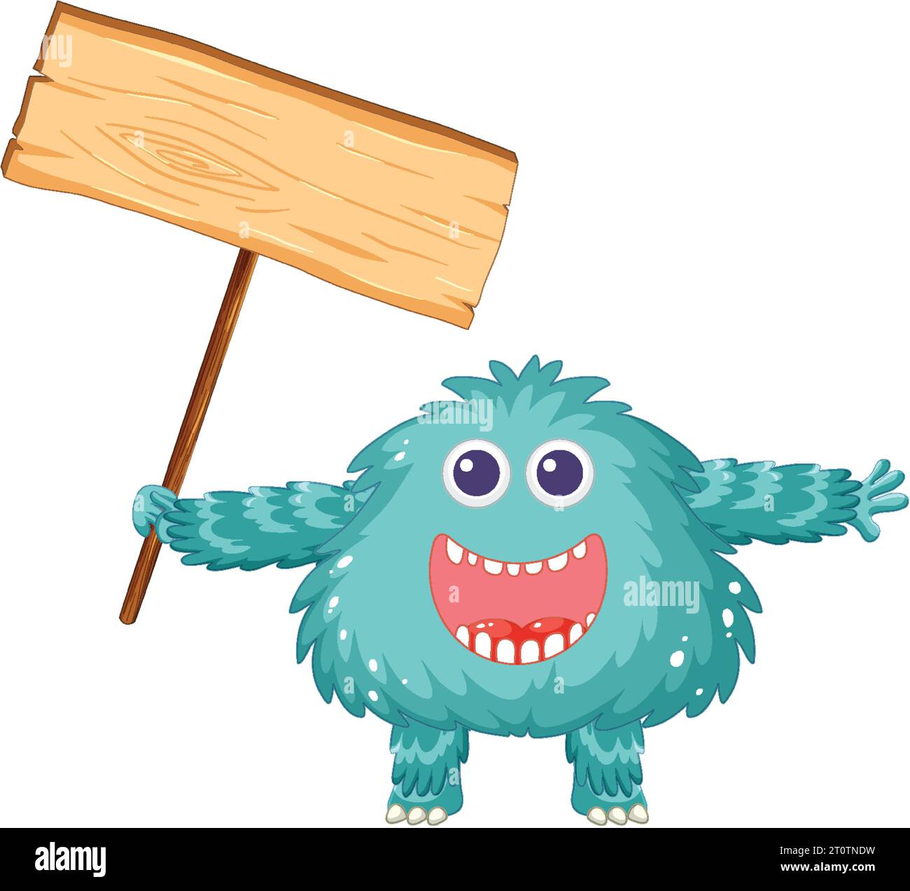 A cheerful blue alien monster holding an empty signboard banner Stock ...