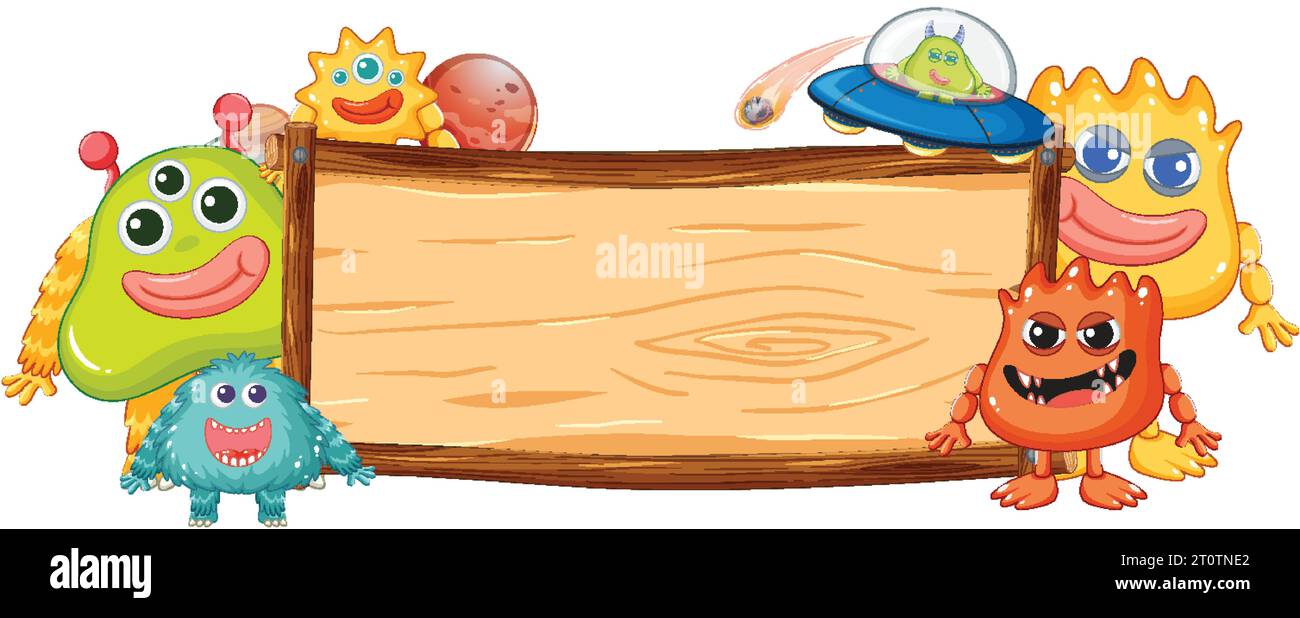 Colorful cartoon aliens posing next to a wooden frame board template ...