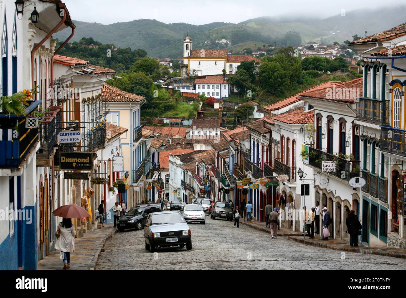 Street scene with colonial buildings in Ouro Preto, Brazil Stock Photo ...