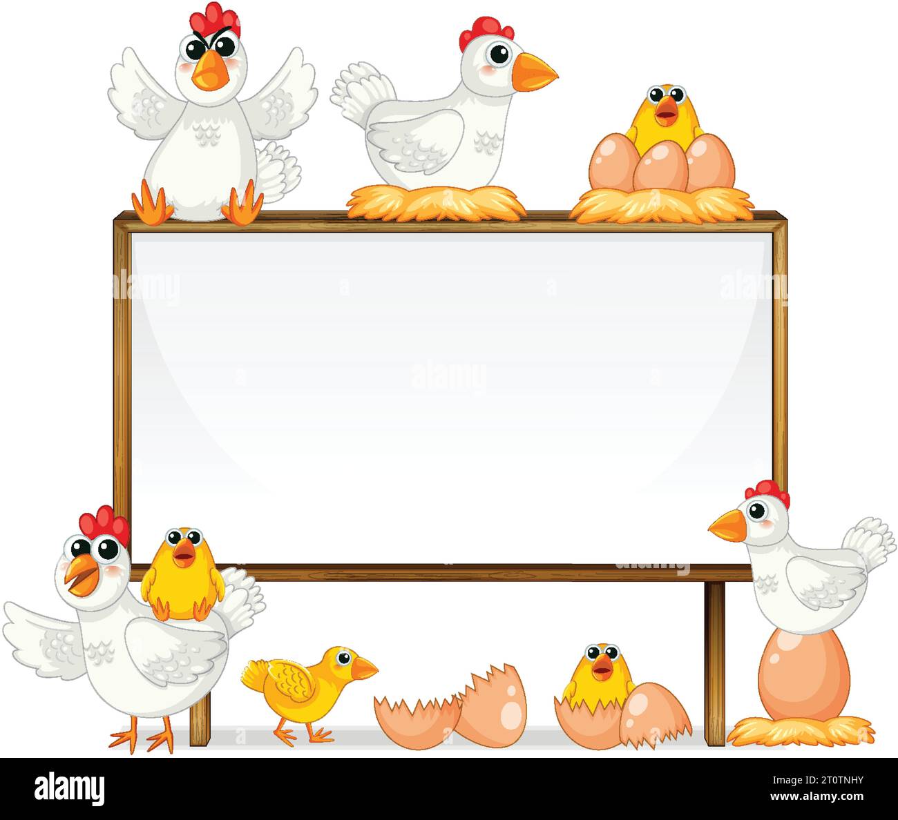 Vector cartoon illustration of hen and chicks with egg in wooden frame ...