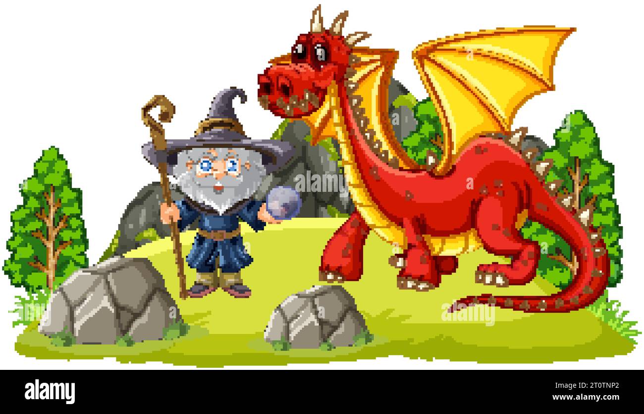 Wizard with Dragon in Cartoon Style illustration Stock Vector Image ...