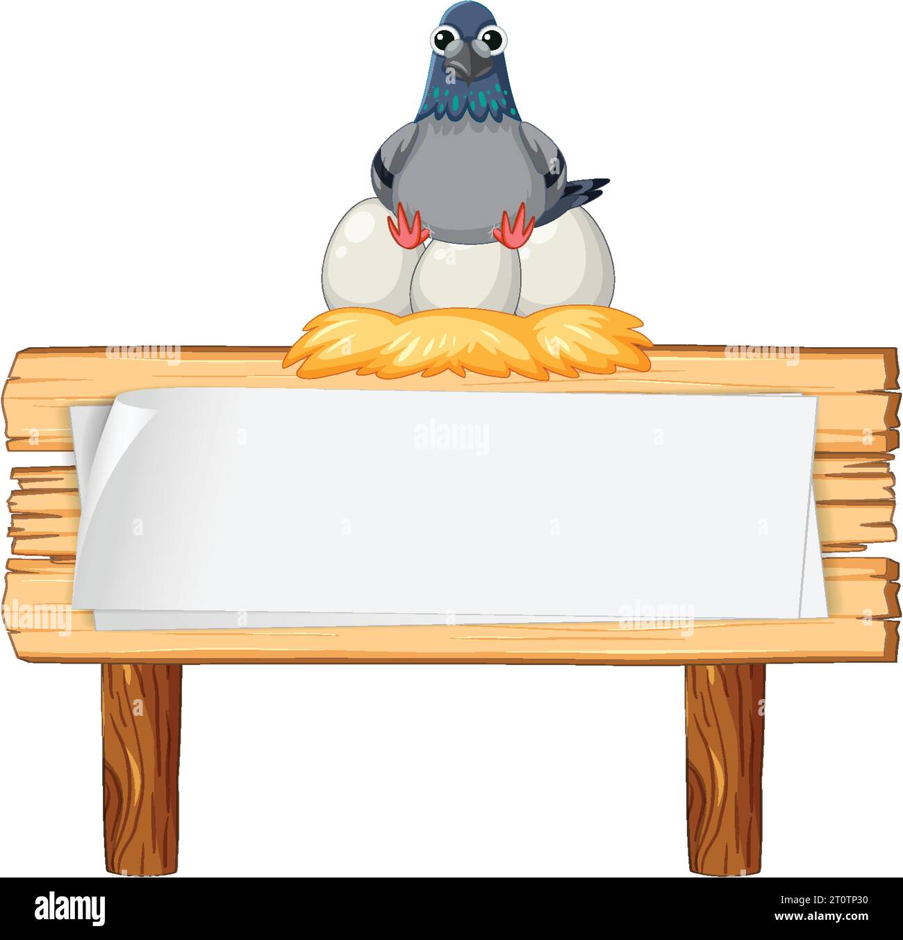 A pigeon in a vector cartoon style laying eggs on a wooden signboard ...