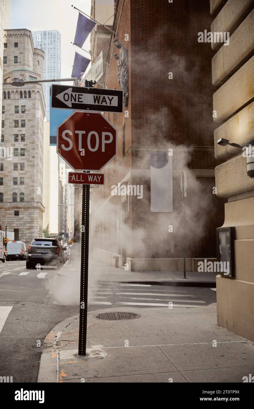 steam near traffic signs on roadway of avenue in downtown of new york ...
