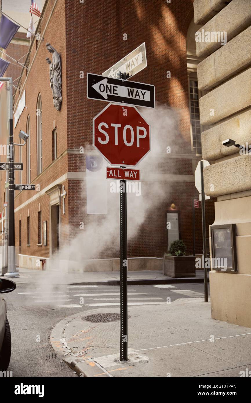 road signs near steam and vintage buildings in downtown of new york ...