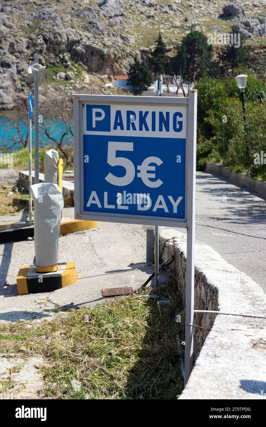 Parking sign informing drivers of 5€ fee for all day parking at St Paul ...